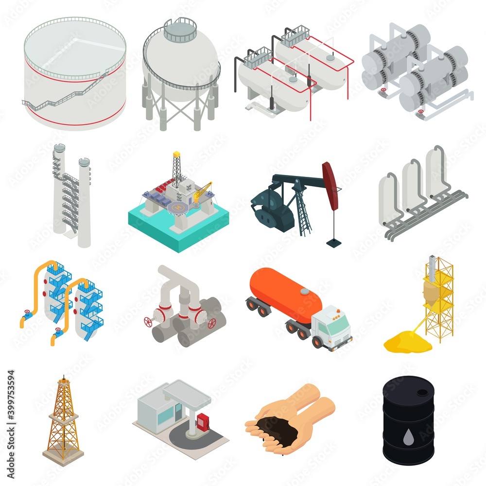 Refinery plant icons set. Isometric set of refinery plant vector icons ...