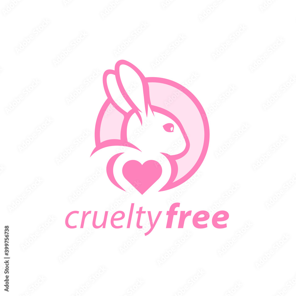 Cruelty free bunny icon. Not tested on animals logo. Pink rabbit heart ...