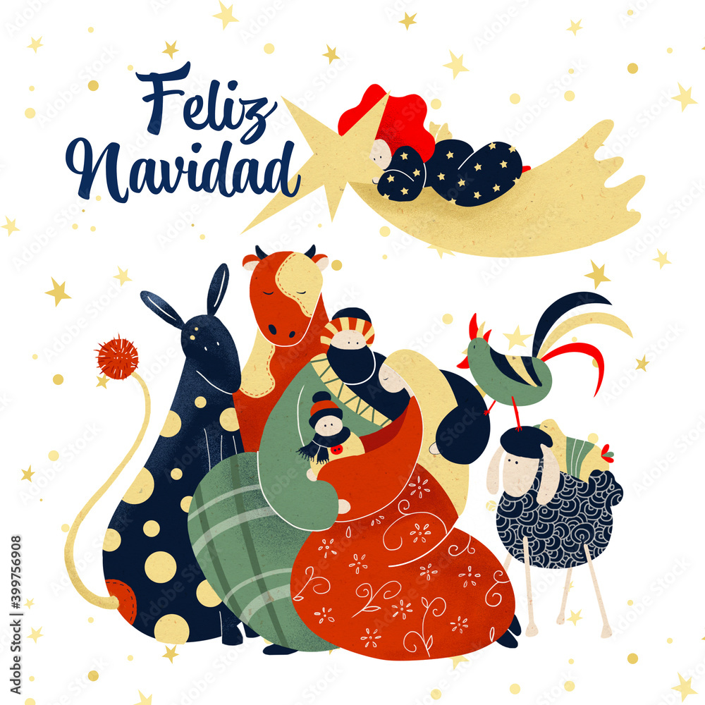 Spanish Christmas card with the nativity scene. Illustration of cute ...