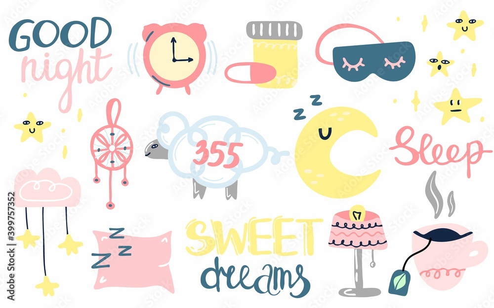 Sleep and insomnia doodle set. Cute emblems in pastel colors pillow ...