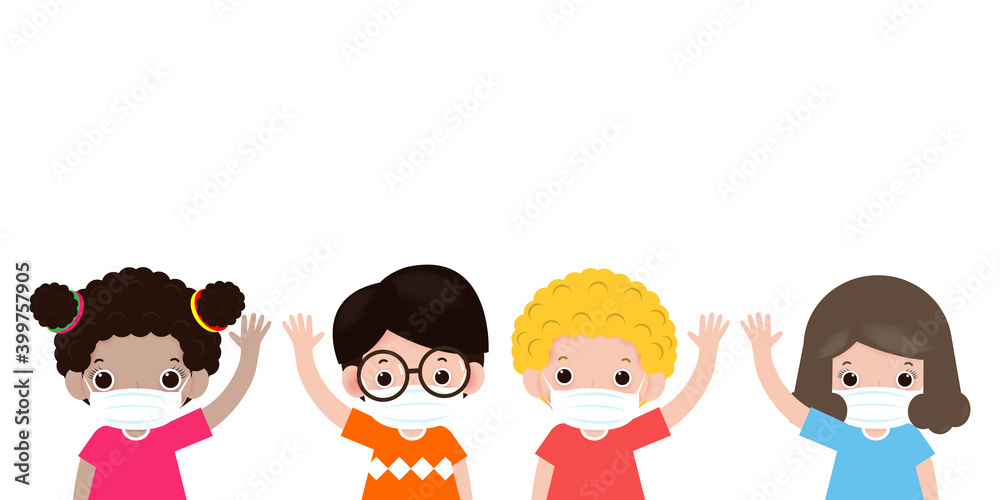 Kids waving hands for new normal lifestyle concept. happy kids wearing ...