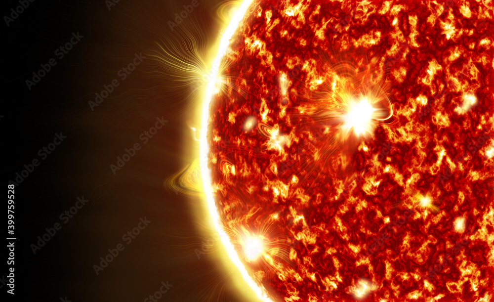"3d illustration" of a Star close up with photosphere, superflares and ...