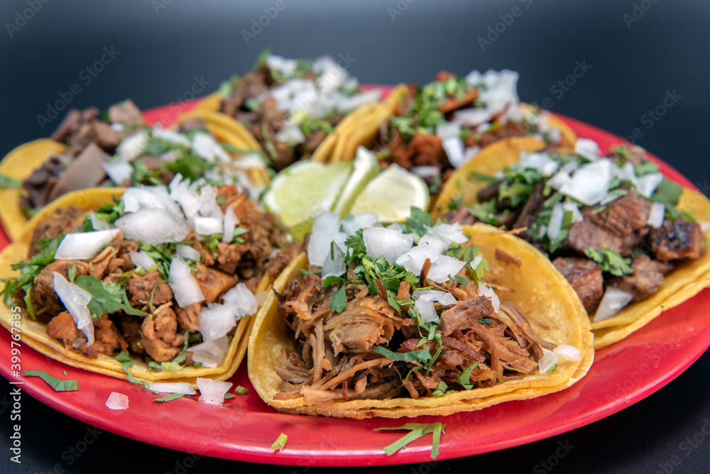 Assortment sampler platter of street tacos loaded with chicken, pork al ...