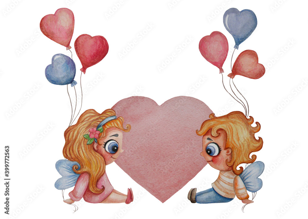 Cute Postcard. Kids angels a girl and a boy with balloons and a heart ...