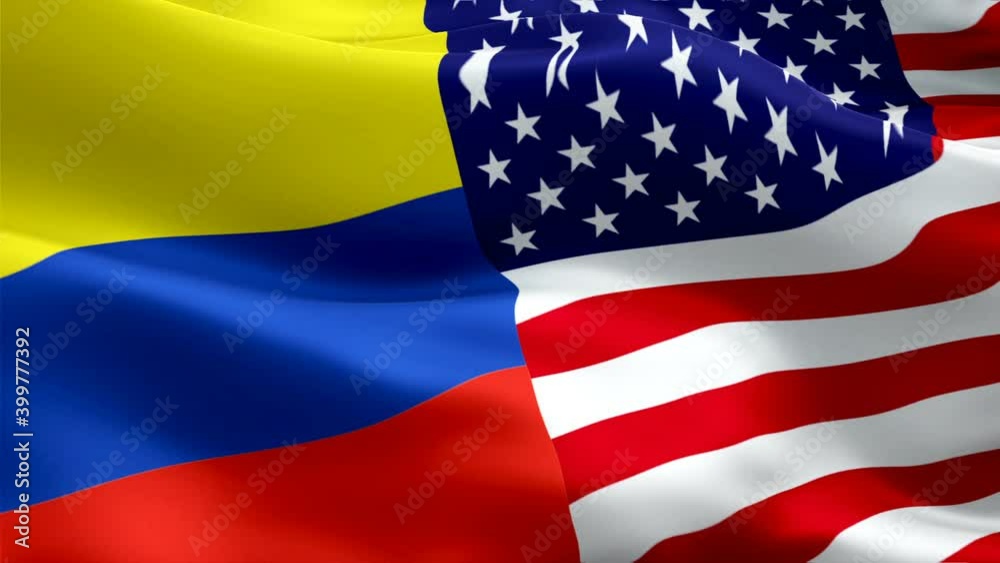 American and Colombian flag waving video in wind footage Full HD. USA v ...