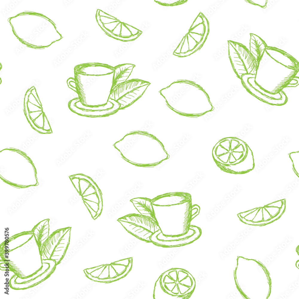 sketch tea, tea leaves and a lemon, lemon slice. white background ...