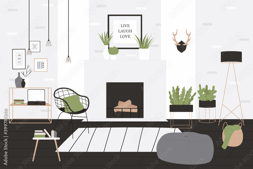 Loft style home living room interior vector illustration. Cartoon cozy ...