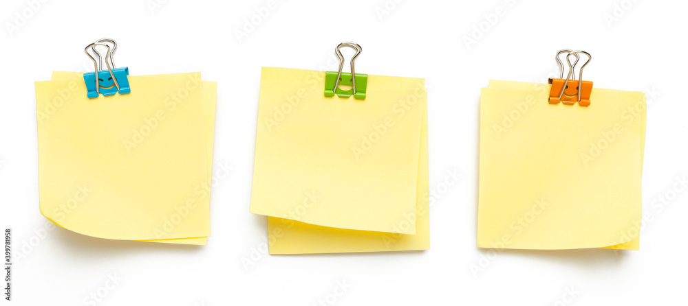 Paper yellow message stickers for information board isolated on white ...
