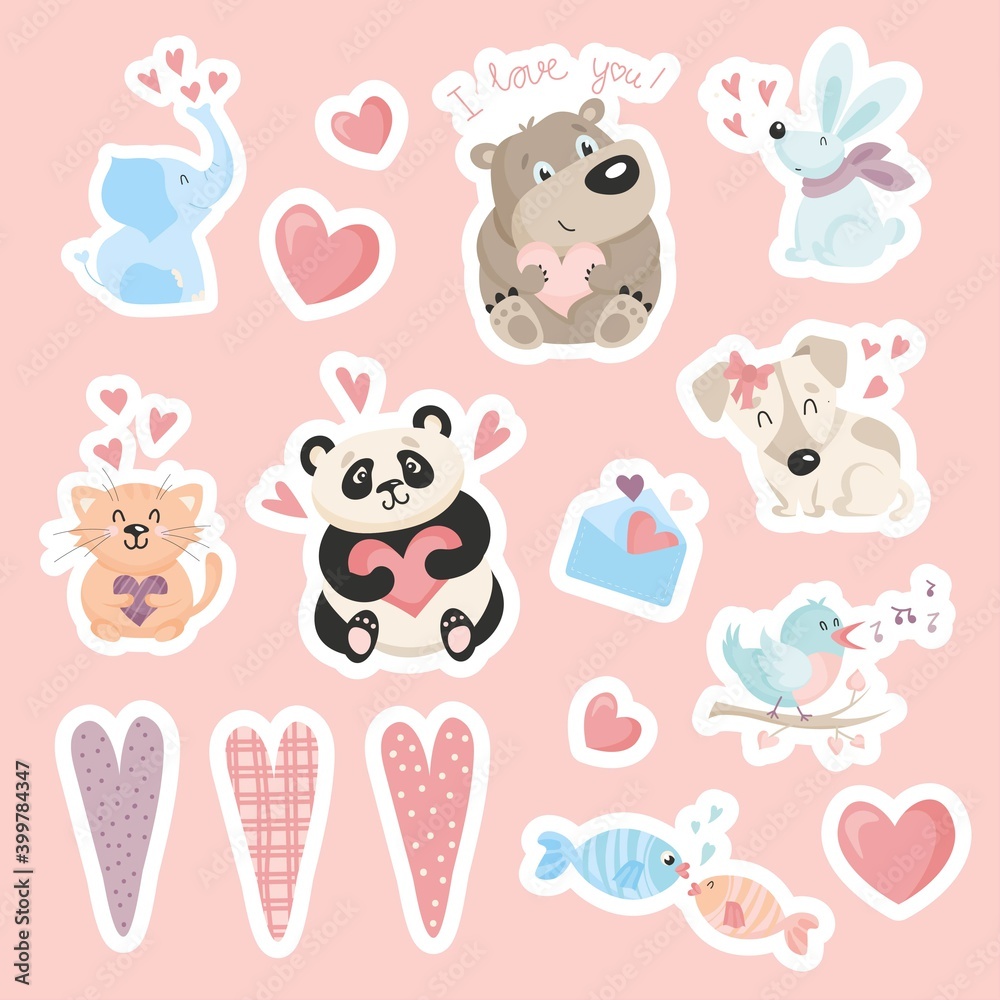 Big set of illustrations of cute animals with hearts for valentine's ...