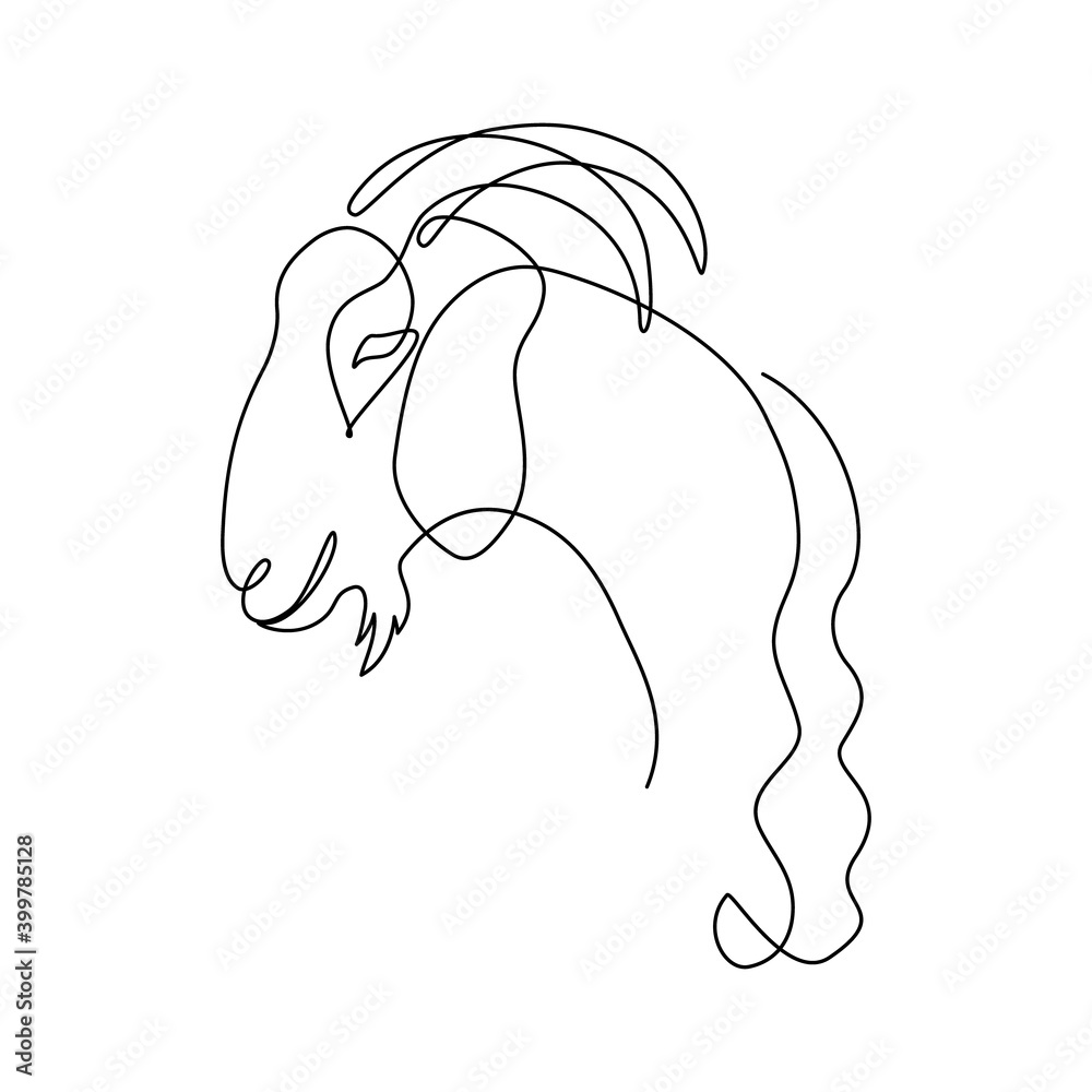 Goat portrait in continuous line art drawing style. Side view of goat ...