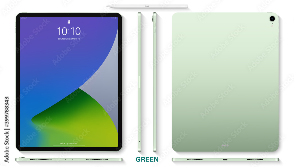 tablet green color with colorful touch screen saver and stylus top view ...