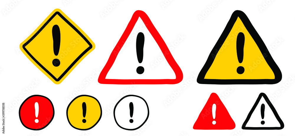 Hand drawn exclamation mark road signs. Hazard warning attention sign ...