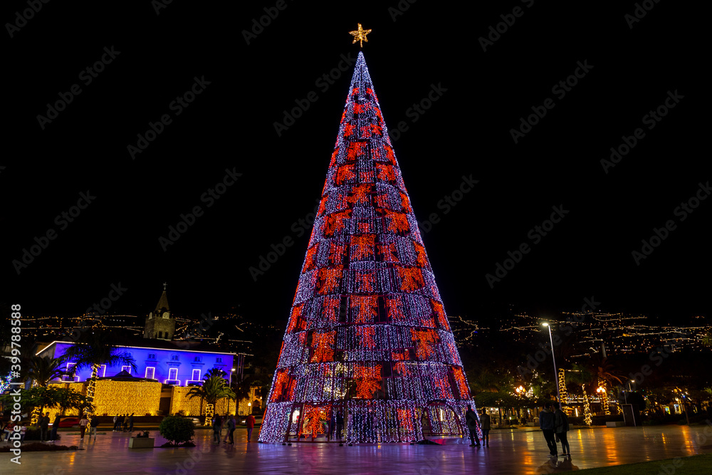 Colorful Christmas tree at center of Funchal City, Madeira island ...