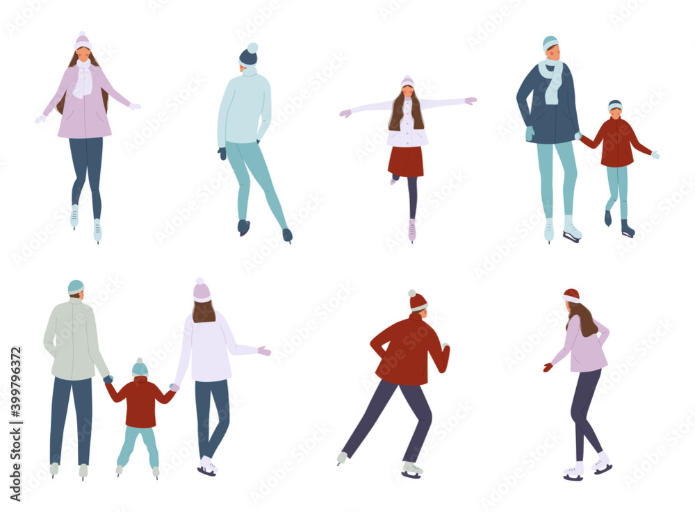 Winter ice rink party with cartoon characters people. Cartoon ...