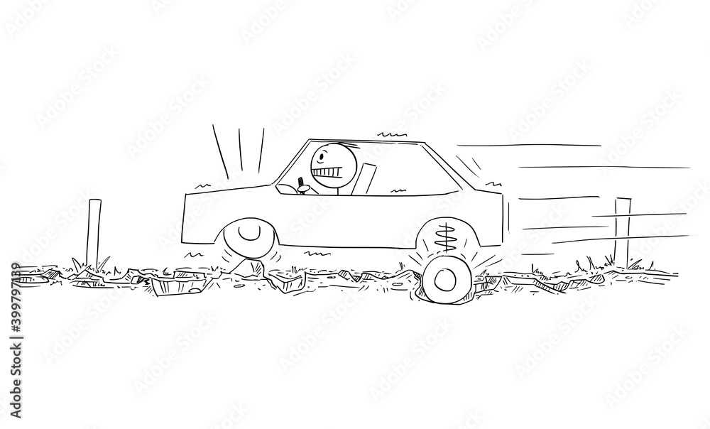 Vector cartoon stick figure illustration of driver driving car on very ...