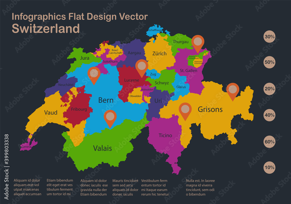 Infographics Switzerland map, flat design colors, with names of ...
