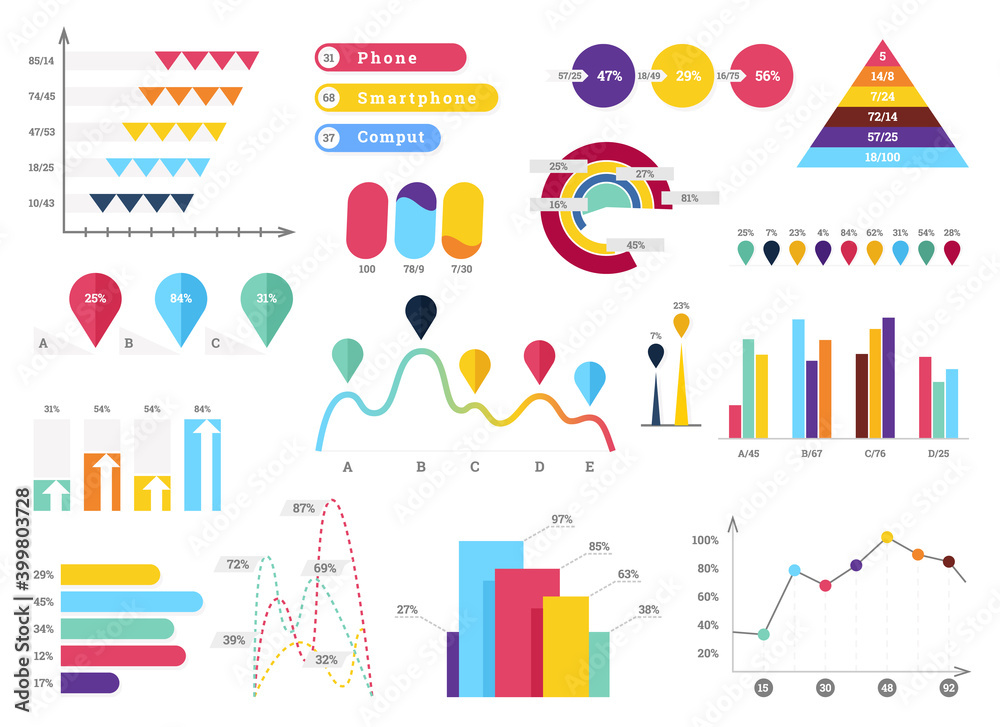 Set of most useful infographic elements - bar graphs, pie charts, steps ...