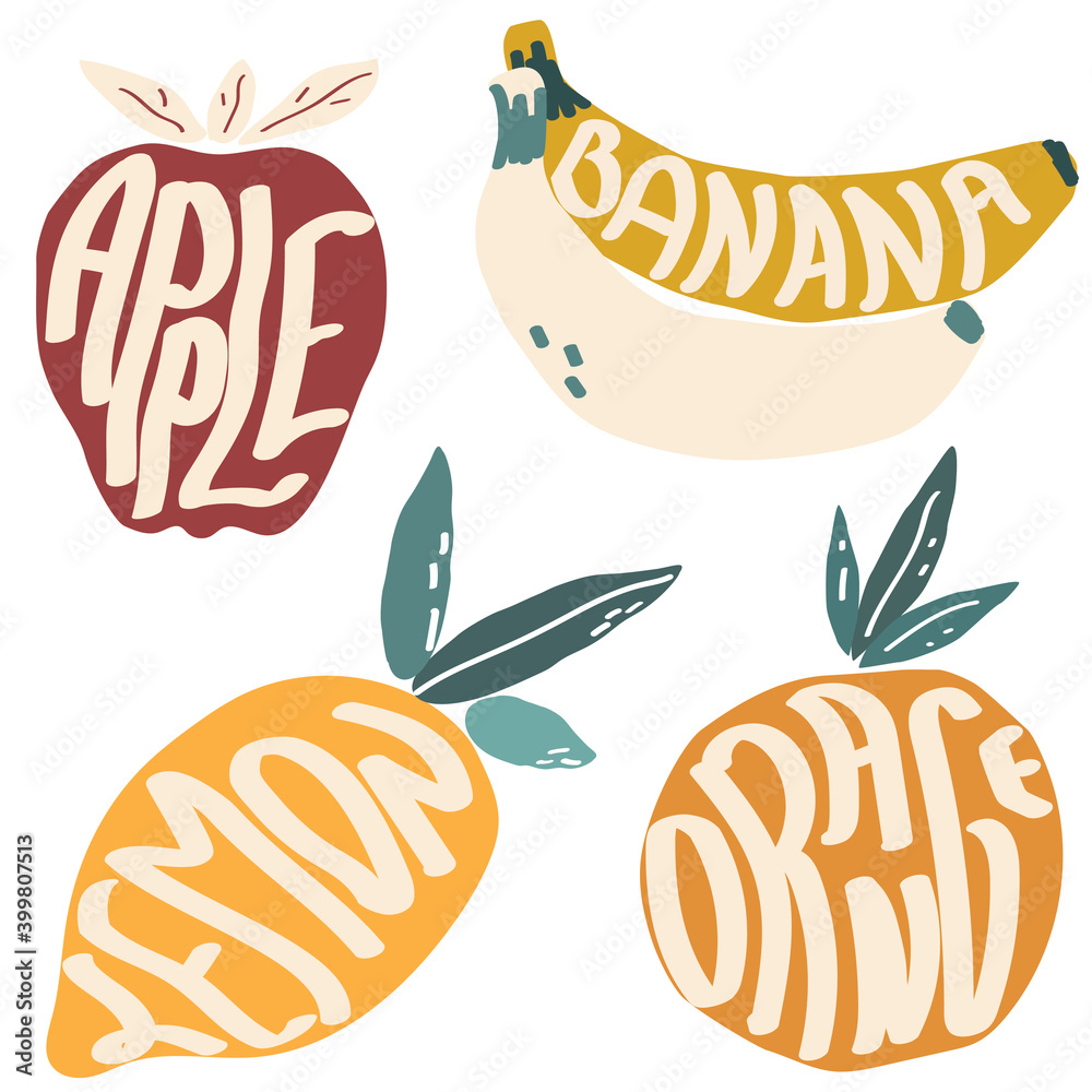 Apple, banana, lemon and orange fruit modern flat vector illustration ...