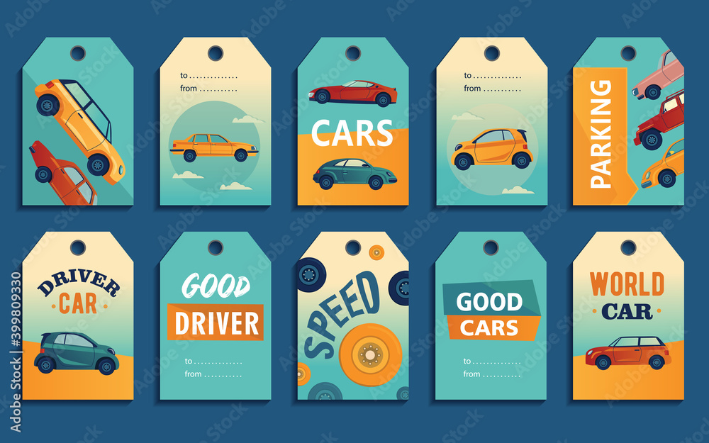 Special tag designs with retro and modern automobiles. Different cars ...