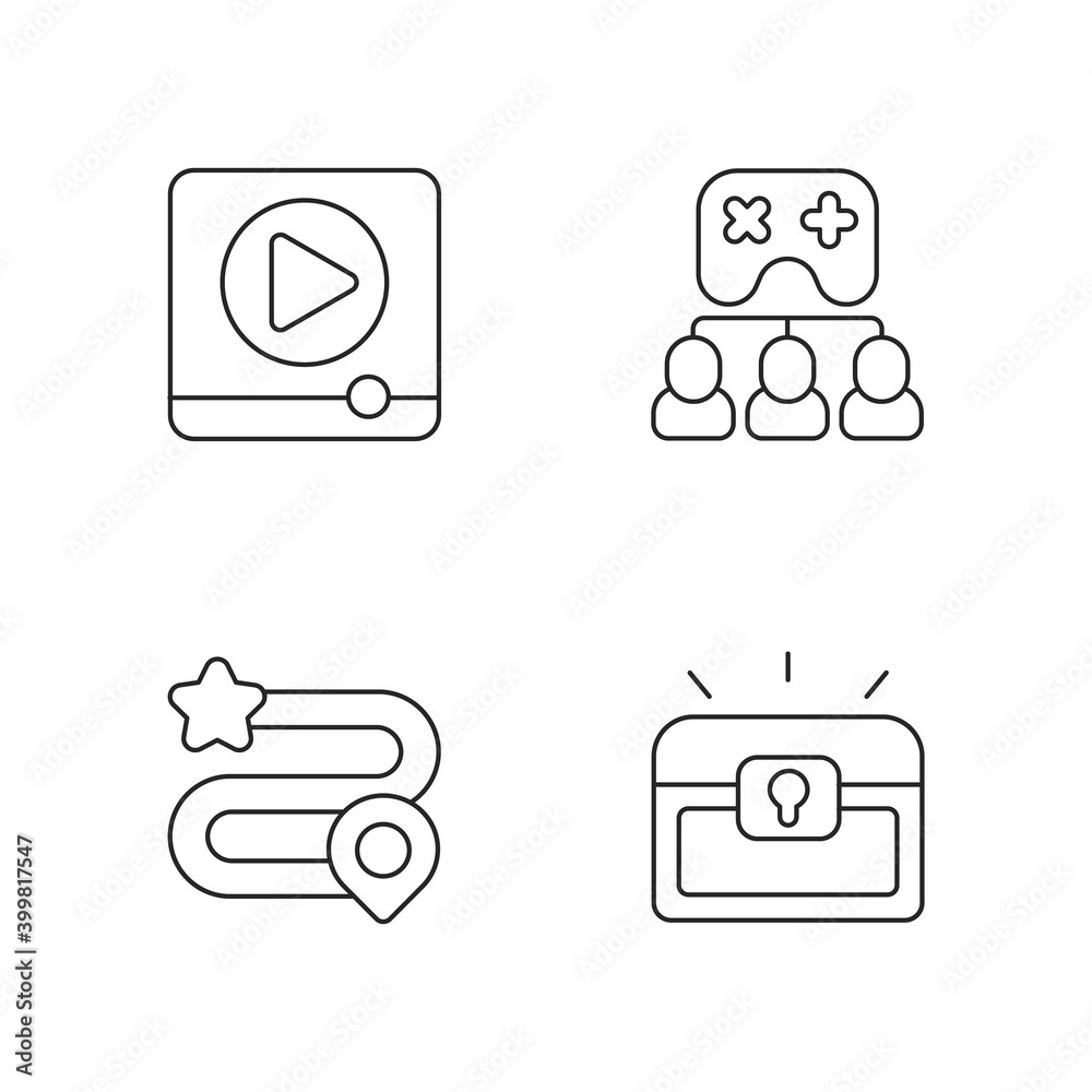 Video gaming linear icons set. Watching ads, multiplayer mode, game ...