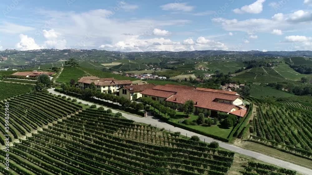 Aerial view of vineyard building on top of hill location where also ...