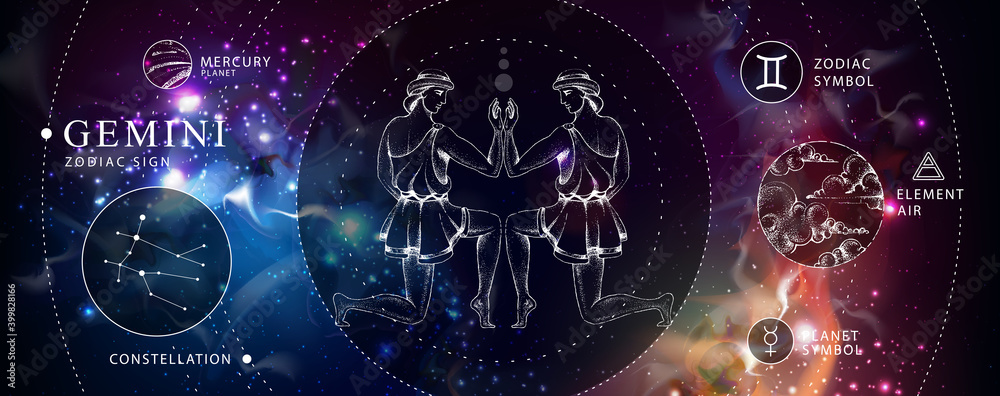 Modern magic witchcraft card with astrology Gemini zodiac sign ...