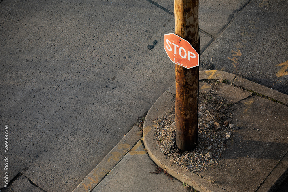 Road Safety traffic control stop signs near road with room for copy ...