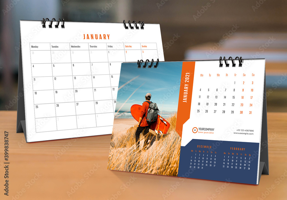2021 Desk Calendar Planner Layout with Orange and Blue Accents Stock ...