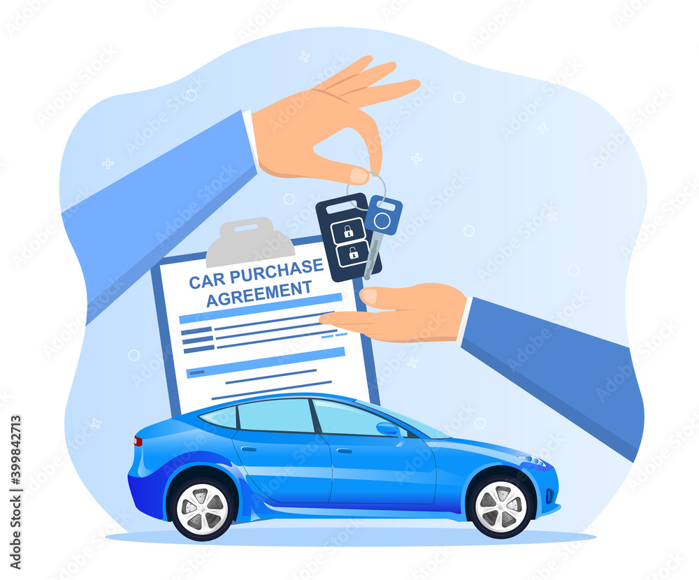 Man is giving keys to customer who just bought a car. Concept of car ...