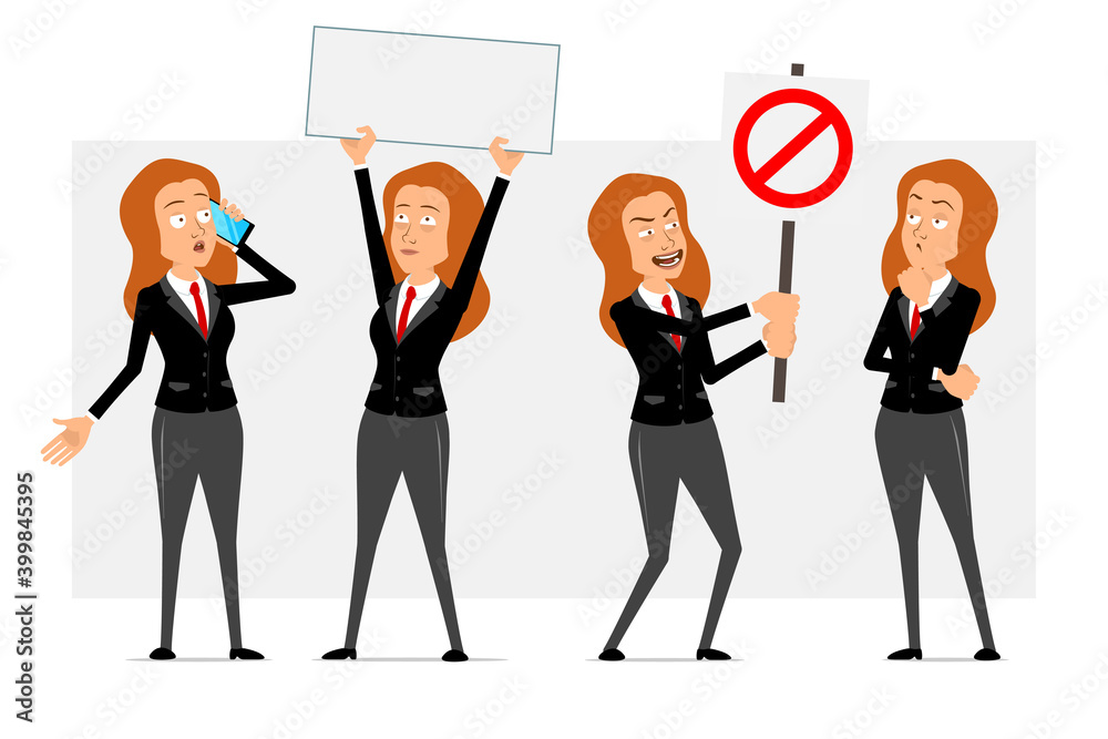 Cartoon flat funny redhead business woman character in black suit with ...