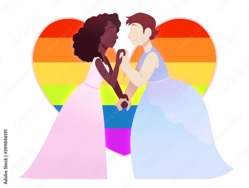 Two gay or lebsian of lgbt women in dresses holding hands in front of ...