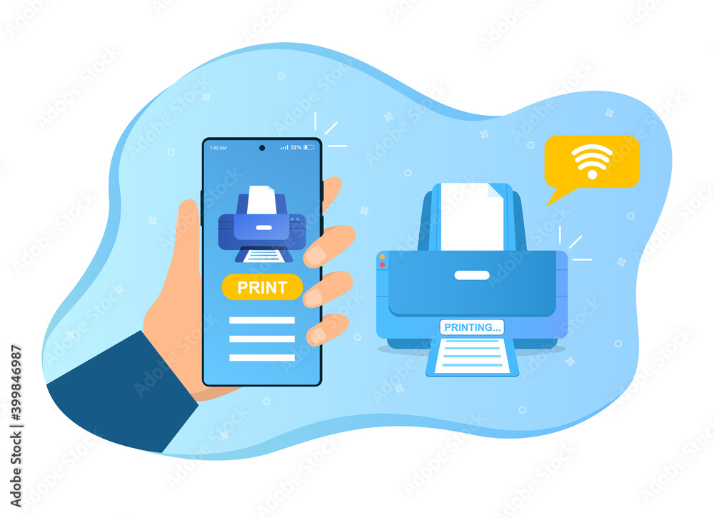 Printer wirelessly printing document from smartphone. Air print on fax ...