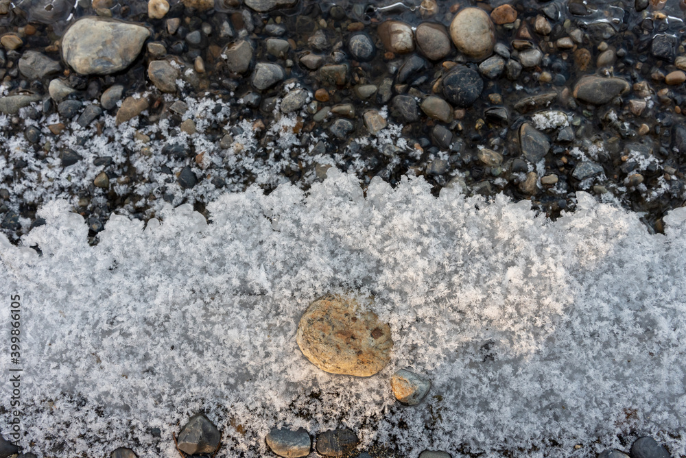 Icy lake shore with rocks pebbles and ice forming on the edge. Taken in ...