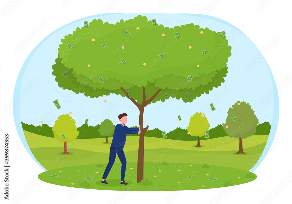 Man shaking tree to shake off money to fall on the ground. Concept of ...