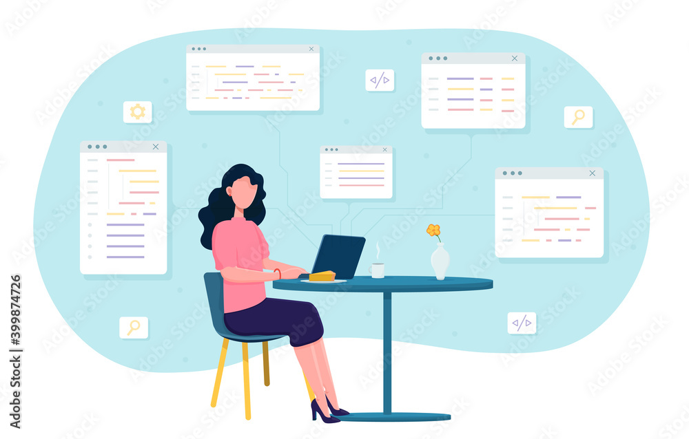 Female programmer working on web development using laptop. Concept of ...