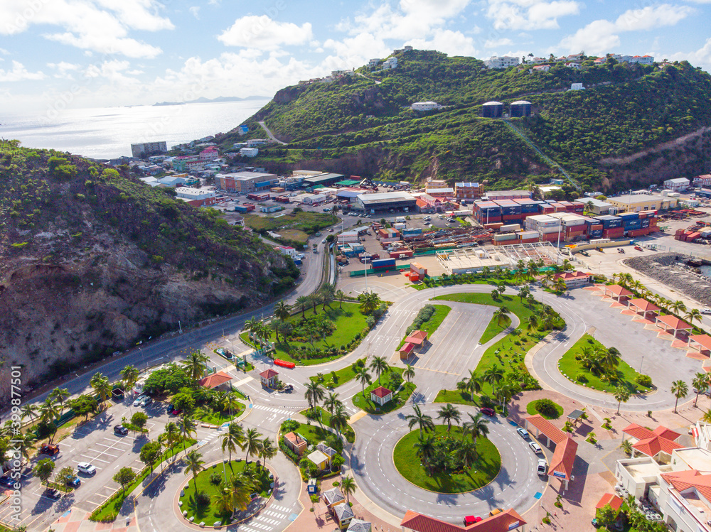 Scenic aerial view of the caribbean island of St.Maarten. Port of st ...