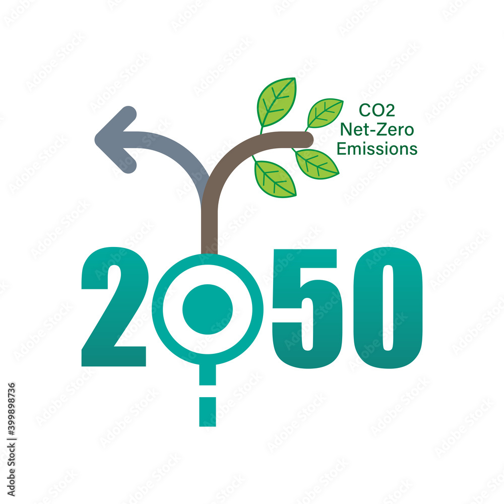 Achieving CO2 net-zero emissions by 2050 typographic design. Timeline ...