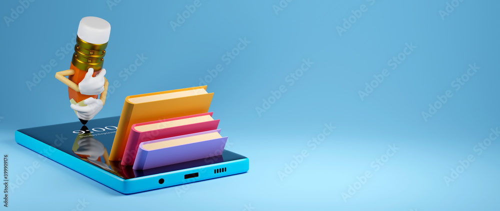 Digital Online Education. 3d render of mobil. Application learning on ...