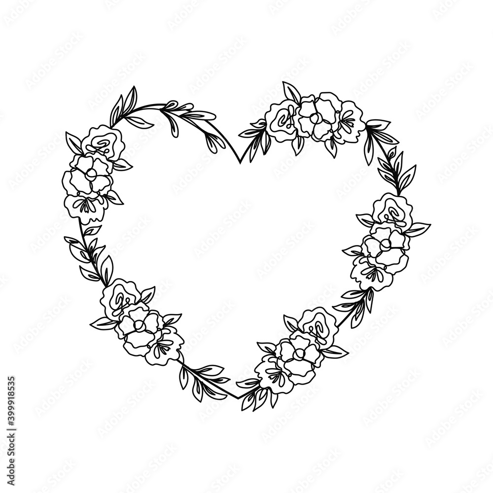 Continuous one line drawing Christmas or wedding wreath heart-shape ...