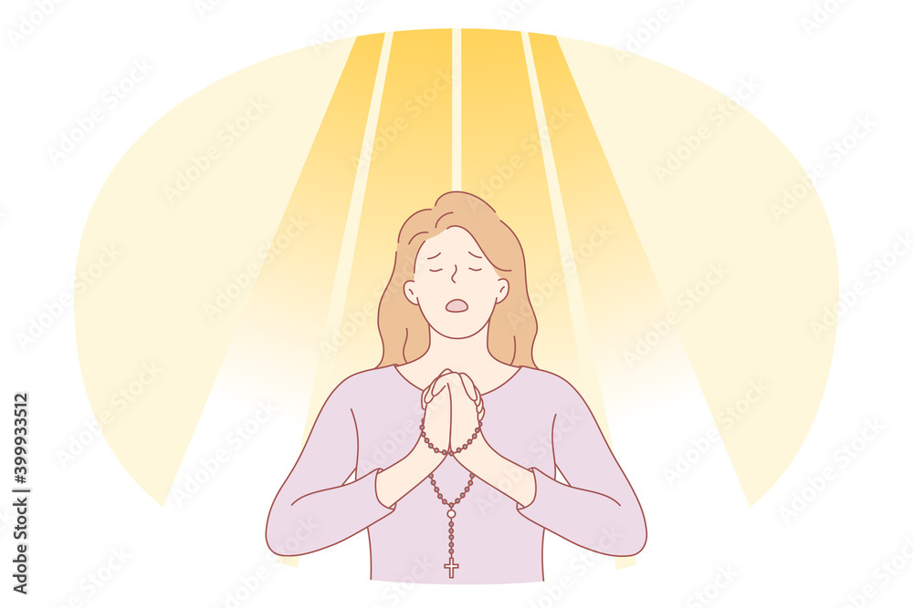 Praying, Grief, Depression concept. Young unhappy female cartoon ...