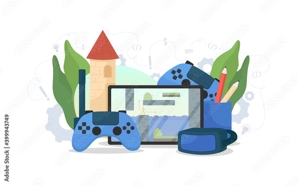 Video game development flat concept vector illustration. VR glasses ...