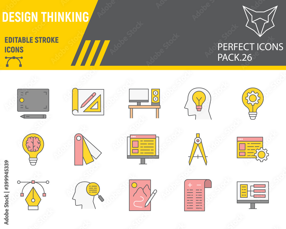 Design thinking color line icon set, ideation collection, vector ...