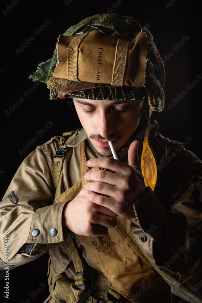 World War II, American 101 Airborne soldier wearing a m42 uniform and ...