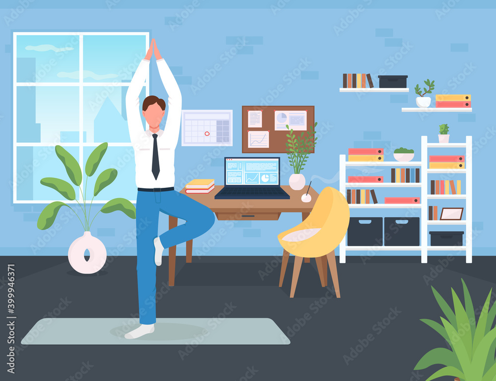 Workplace workout flat color vector illustration. Manager doing yoga ...