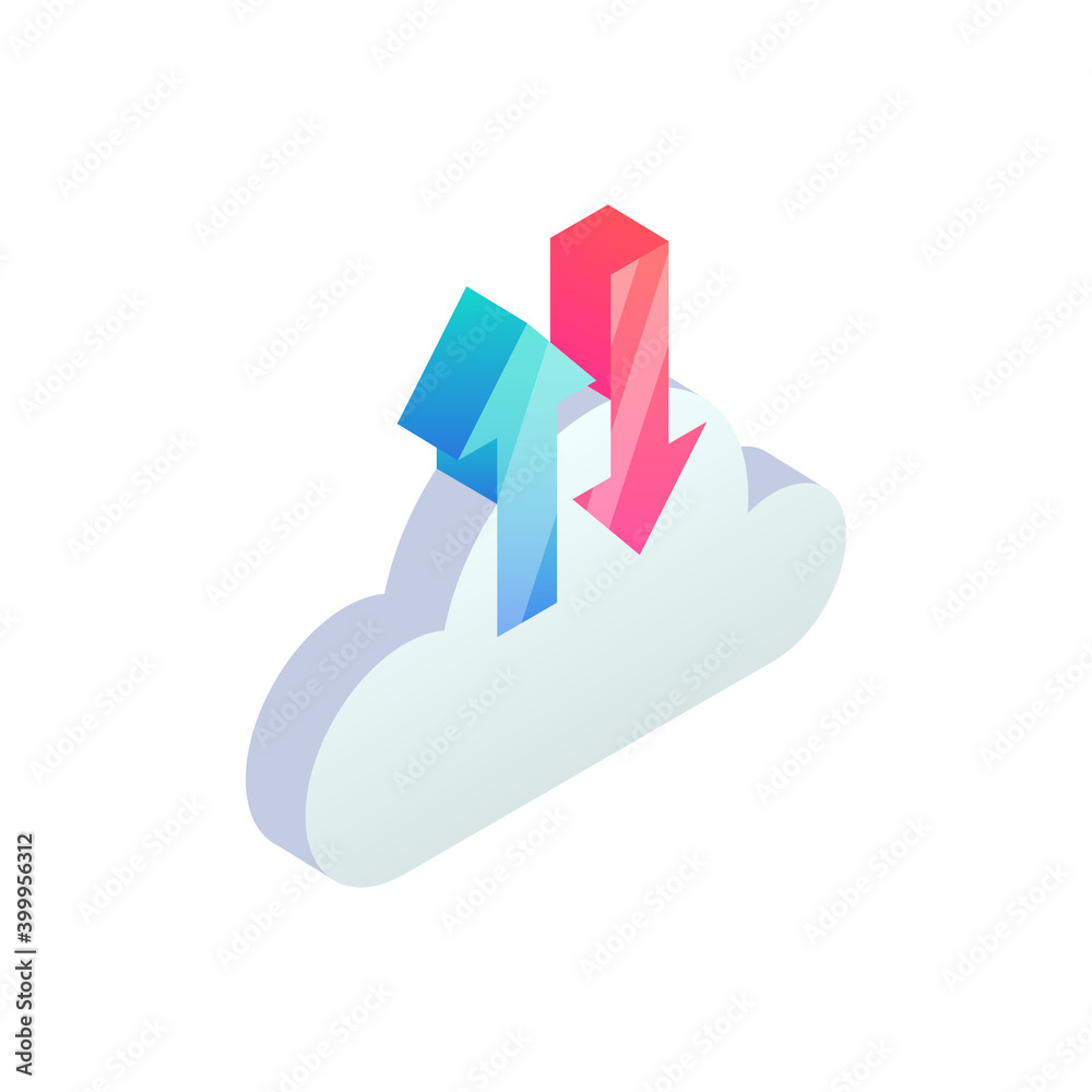 Cloud computing backup and restore isometric Icon with up and down arrows. 3d Cloud storage ...