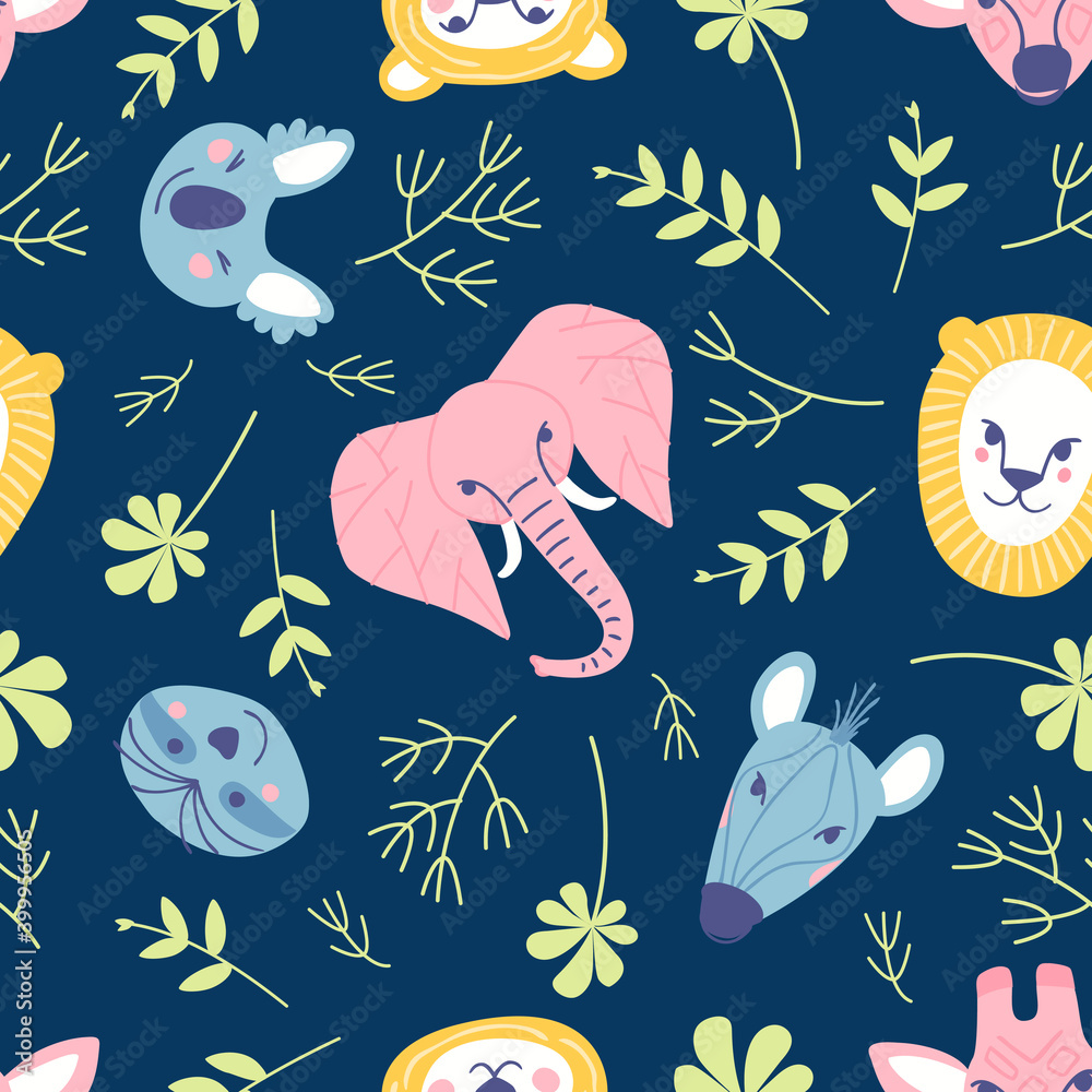 Simple animal portraits seamless pattern - sloth, koala, lion, elephant ...
