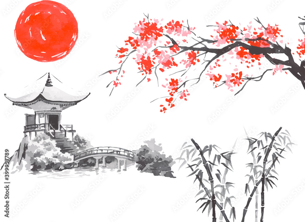 Japan traditional sumi-e painting. Fuji mountain, sakura, sunset. Japan ...