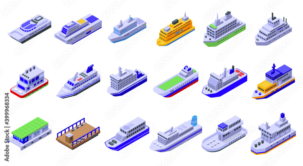 Ferry icons set. Isometric set of ferry vector icons for web design ...