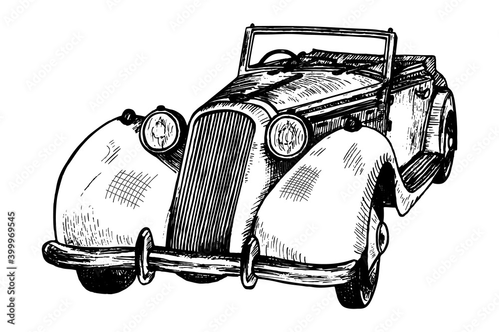 Hand drawn vintage retro luxury limousine cabriolet, doodle sketch ...