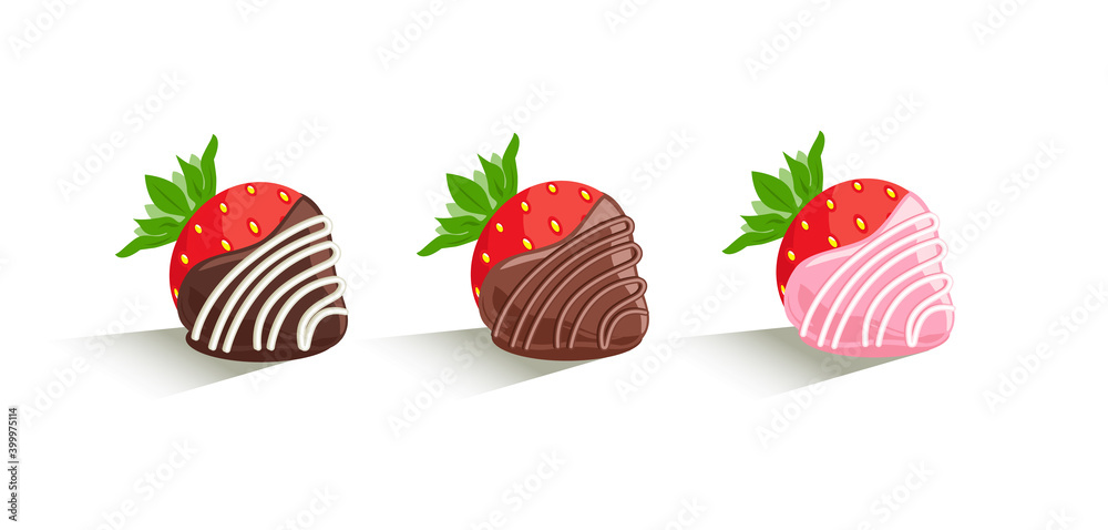 set of strawberries covered with chocolate isolated on a white ...